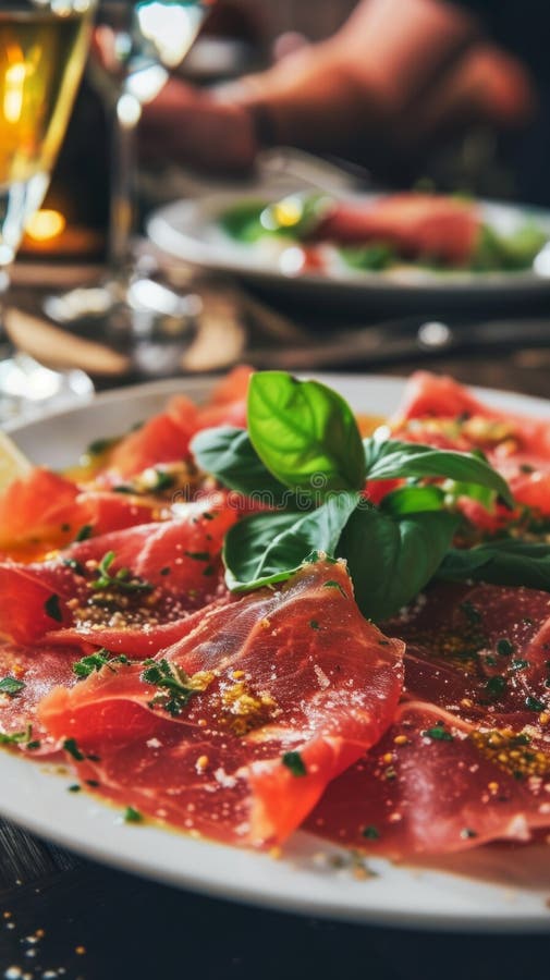 Beef Carpaccio Cold Appetizer with Parmesan and Arugula on Plate. Black ...
