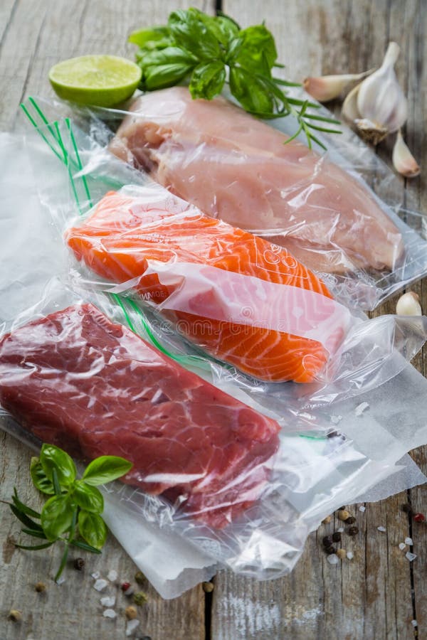 Beef, Chicken and Salmon in Vacuum Plastic Bag for Sous Vide Cooking ...