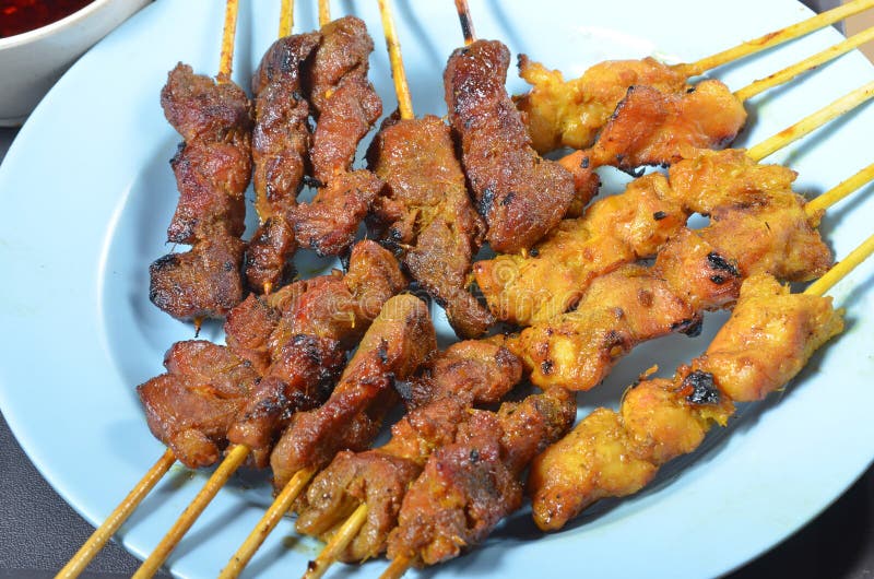 Beef and chicken satay stock photo. Image of skewers - 57780978