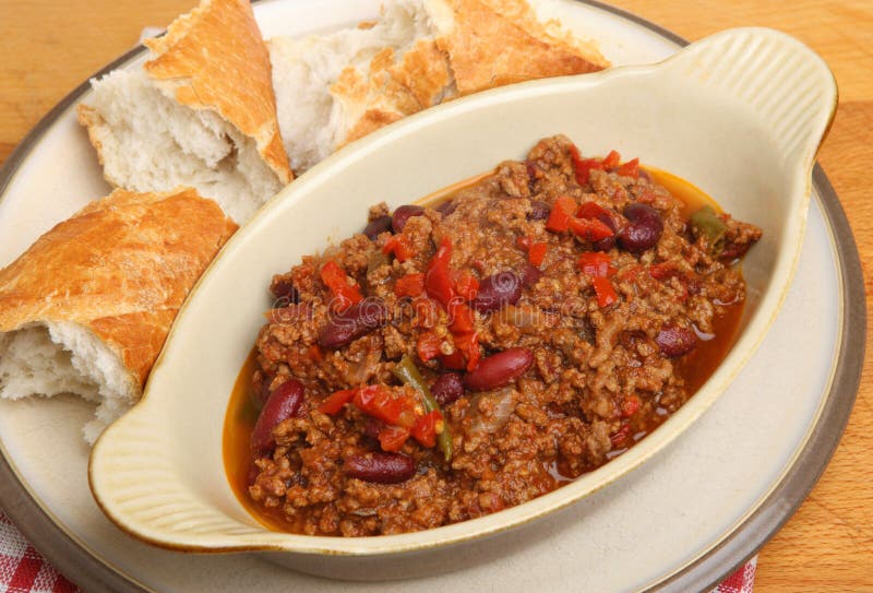 Beef Chilli or Chili with Crusty Bread Stock Photo - Image of ground ...