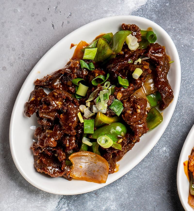 Beef Chilly Chinese Served in a Dish Isolated on Dark Background Top ...
