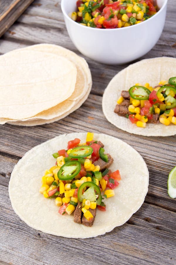 Beef Corn Soft Taco on Rustic Wood Table Stock Image - Image of healthy ...