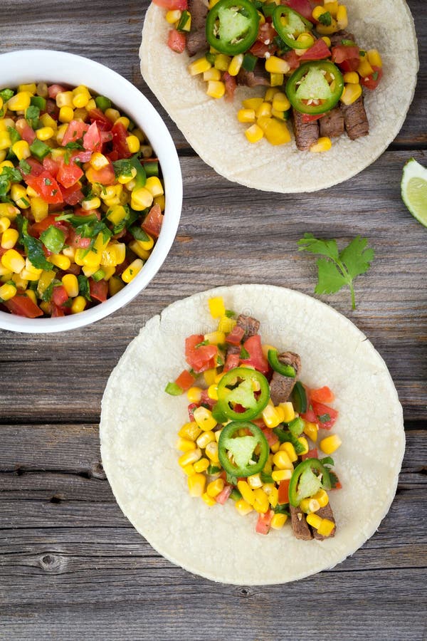 Beef Corn Soft Taco on Rustic Wood Table Stock Photo - Image of ...