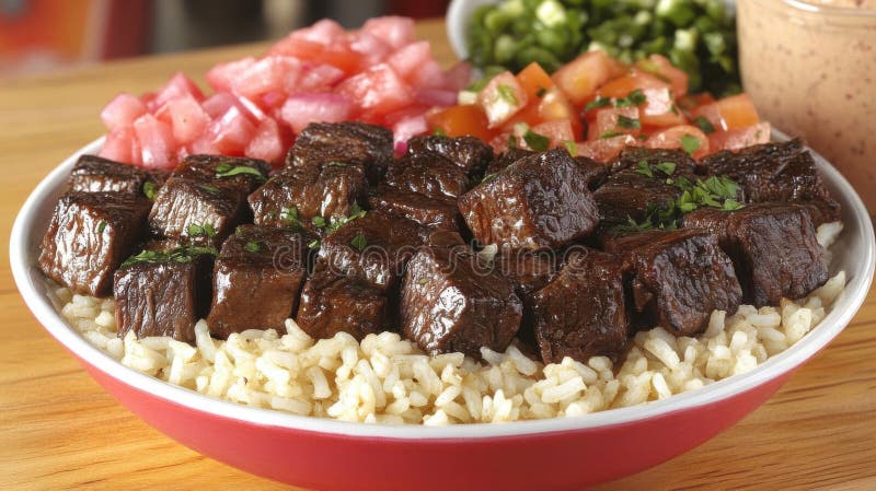 Beef Cubes Rice Bowl with Salsa Stock Photo - Image of healthy, tasty ...