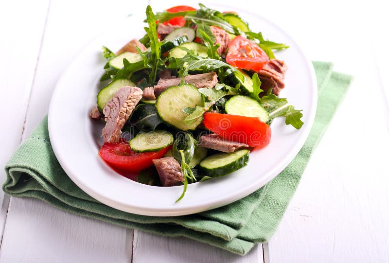 Beef, Cucumber, Tomato and Rocket Salad Stock Image - Image of arugula ...