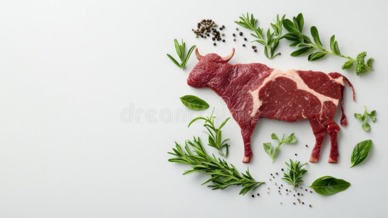 Beef Cut in Cow Shape with Fresh Herbs on White Background Stock Photo ...