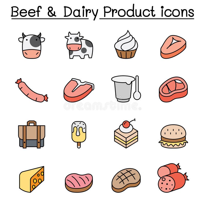 Beef and Dairy Products Color Line Icon Set Stock Vector - Illustration ...