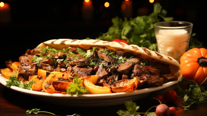 Beef Doner Kebab on the Plate with Grilled Vegetables on Yellow ...
