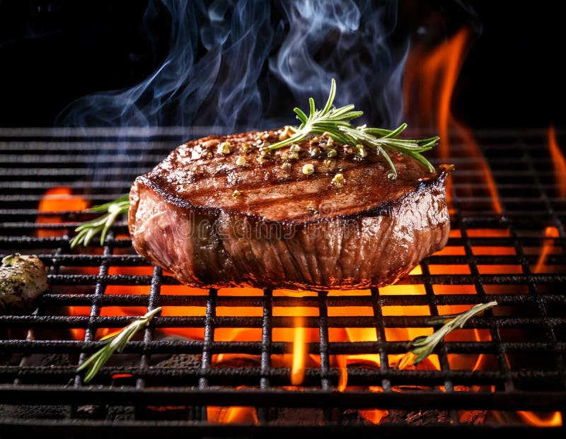 Beef Filet in Grill with Fire. Delicious Grilled Beef Steak Stock ...