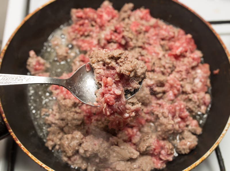 Beef fried in a pan stock image. Image of beef, bolognese - 112105587