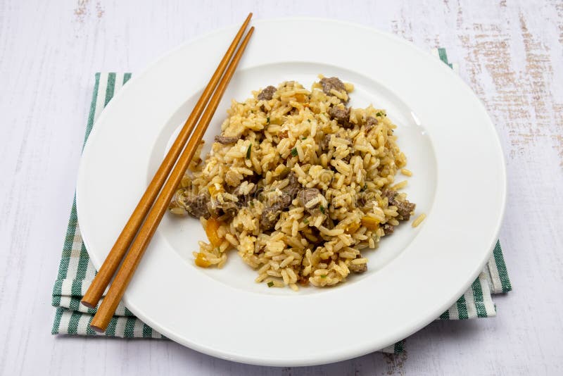 Of Beef Fried Rice in a Plate on a Table Stock Image - Image of ...