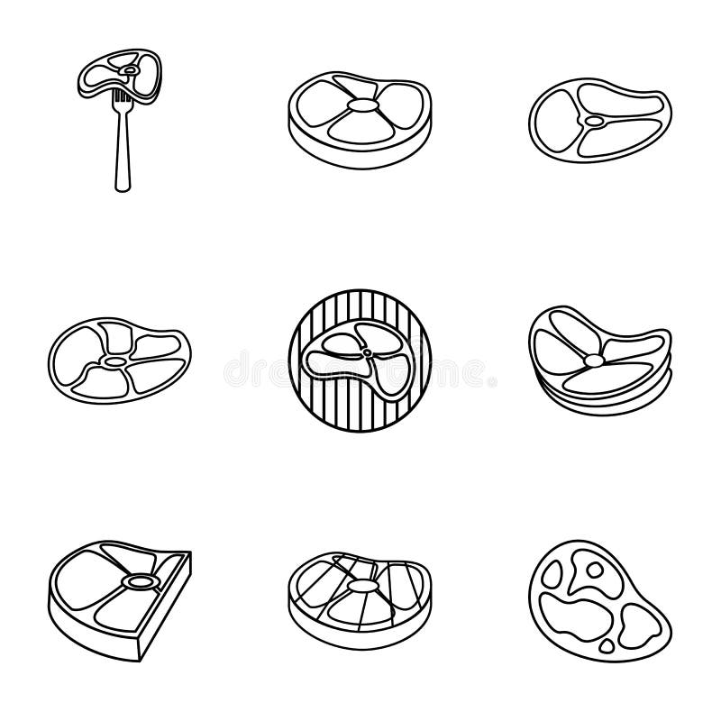 Beef Icons Set, Outline Style Stock Illustration - Illustration of meat ...