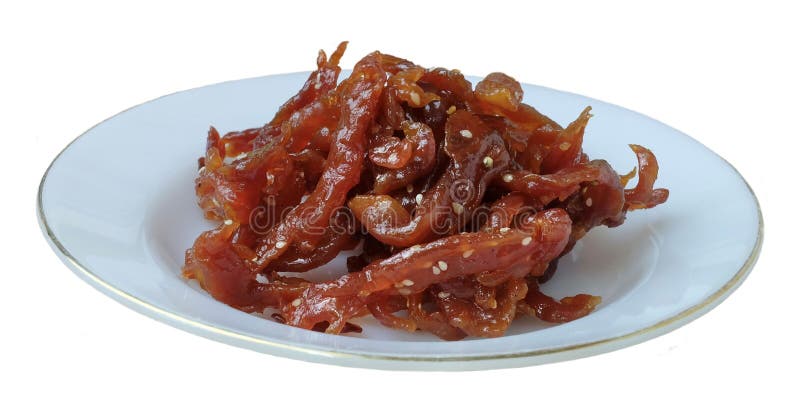 Beef Jerky or Deep Fried Beef Stock Photo - Image of snack, plate ...