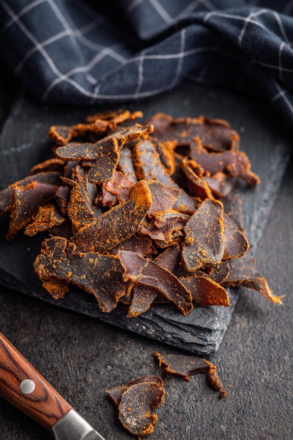 Beef Jerky. Dried Spiced Meat on Black Table Stock Photo - Image of ...