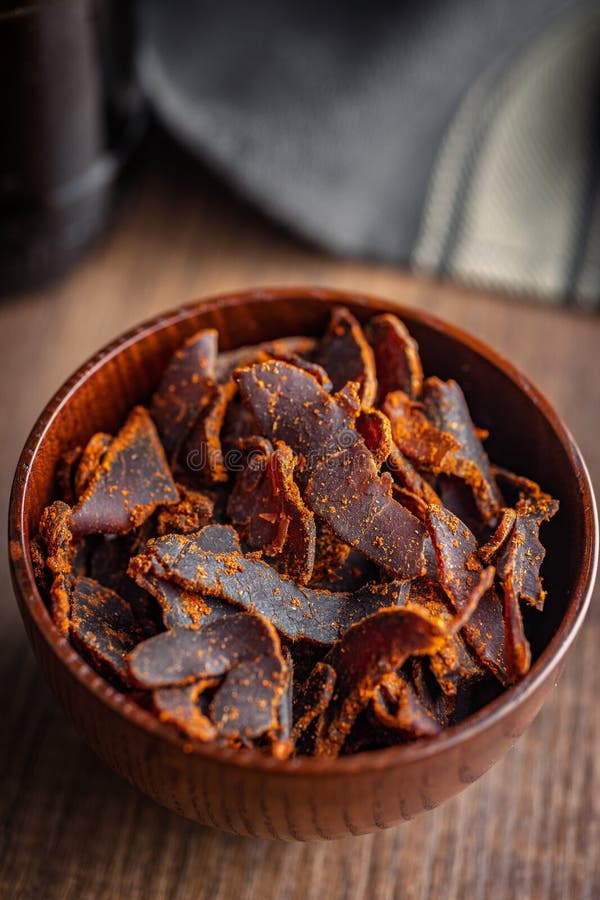 Beef Jerky Dried Spiced Meat Bowl Wooden Table Stock Photos - Free ...