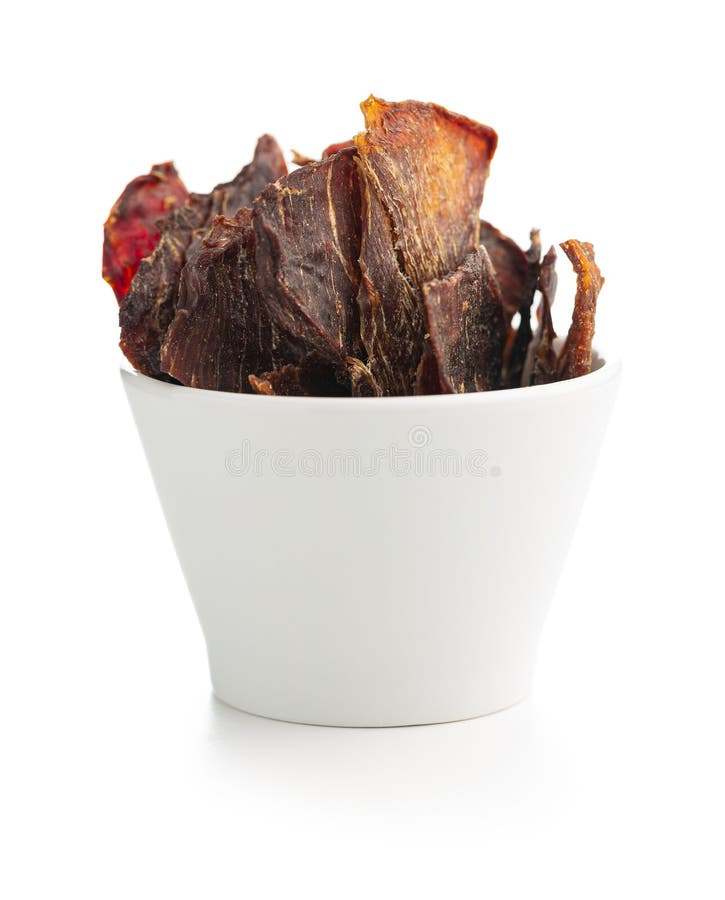 Beef Jerky Meat in Cup. Dried Sliced Meat Isolated on White Background ...