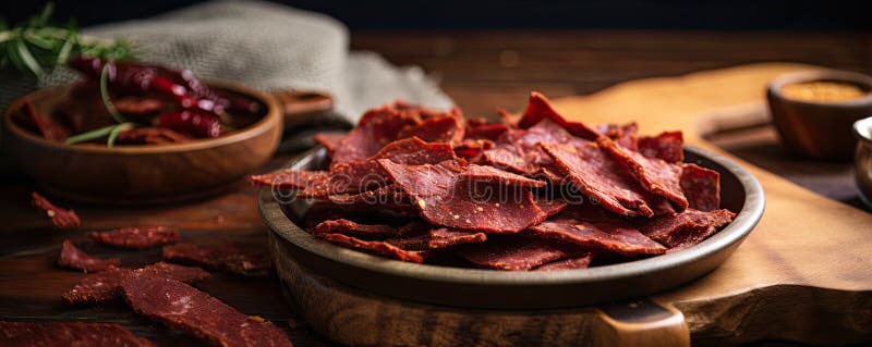 Beef jerky meat on table stock illustration. Illustration of protein ...