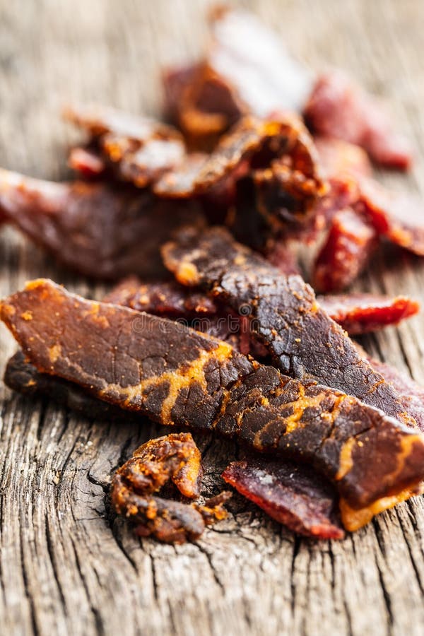 Beef Jerky Pieces. Dried Beef Meat Stock Photo - Image of preserved ...