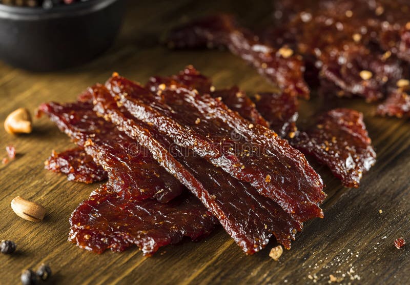 Beef Jerky Strips on Wooden Table Stock Illustration - Illustration of ...