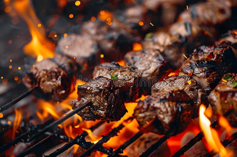 Beef Kebabs Roasting Over Fire Flames on the Grill. Copy Space Stock ...