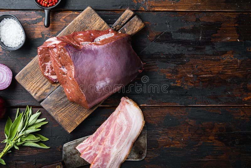 Beef Liver with Pancetta on Wooden Background, Top View with Copy Space ...