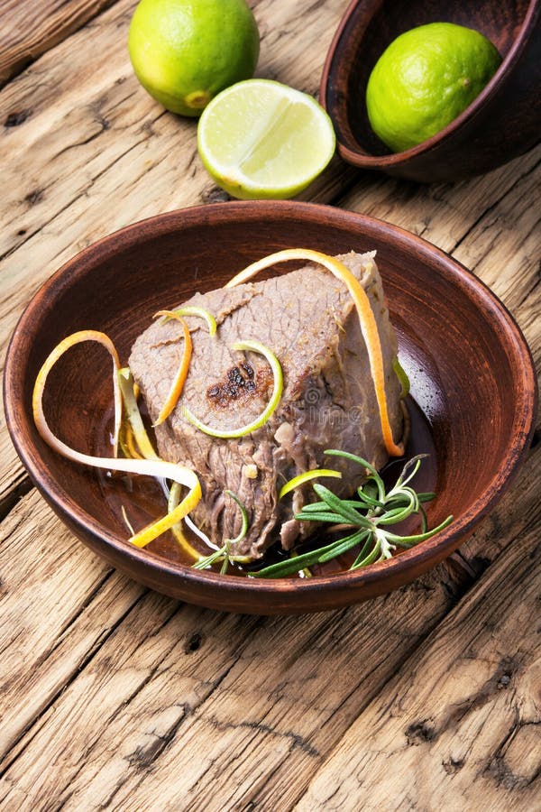 Beef meat with lime stock photo. Image of plate, beef - 103176850