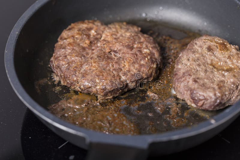 Raw Burger Being Cooked on a Pan Stock Image - Image of cooking, meat ...