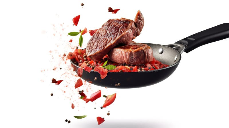 Beef Meat Flying from a Pan Isolated on White. Stock Illustration ...