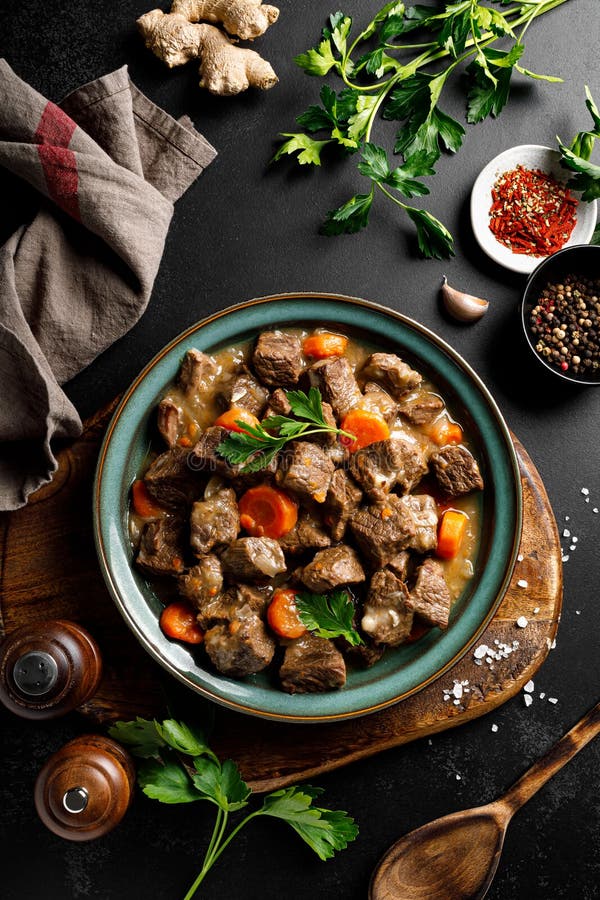 Beef Meat Goulash with Carrot and Onion, Beef and Carrot Stew, Top View ...