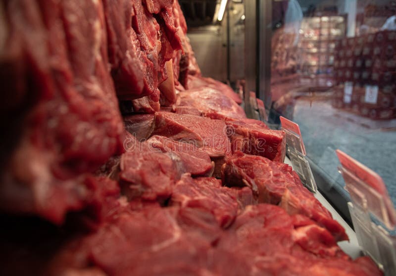 Beef Meat in the Market Showcase Stock Photo - Image of slice, cuisine ...