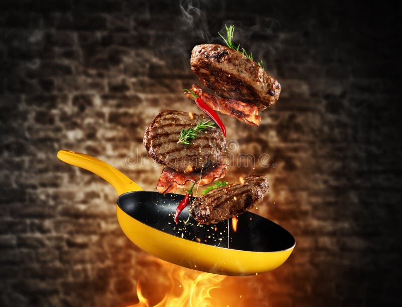Beef Milled Meat Flying from a Pan Stock Image - Image of falling ...