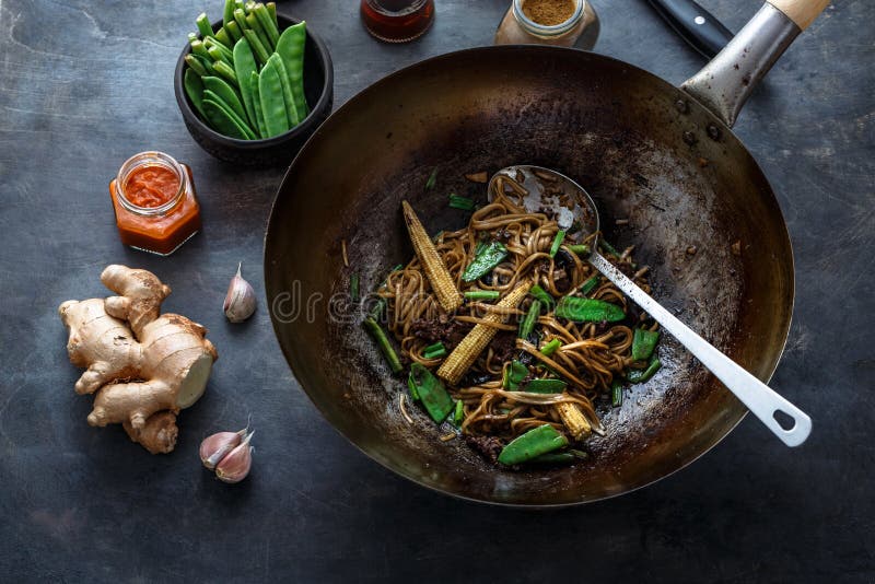 Beef and Noodle Stir-fry in a Wok, Top View Stock Photo - Image of ...