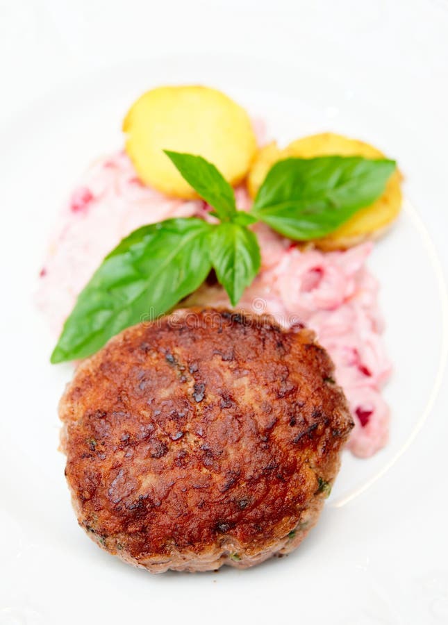 Beef Patty Cake with Creamy Sauce and Potatoes Stock Photo - Image of ...