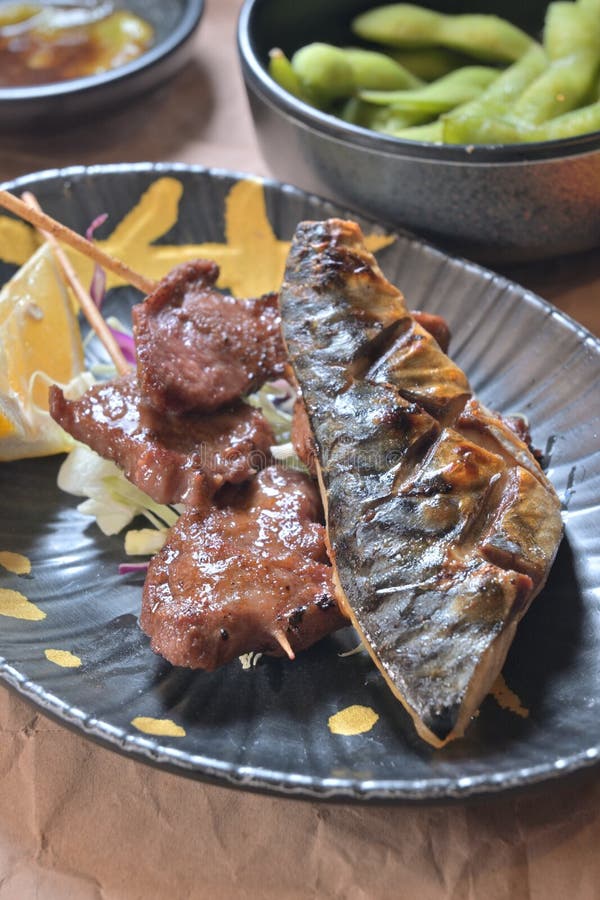 Beef Meat Fish Skewer in Japanese Style Plate Stock Image - Image of ...