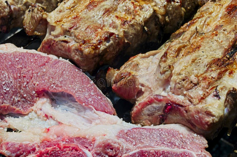 Beef and Pork Ribs on the Grill Stock Photo - Image of burning, burnt ...
