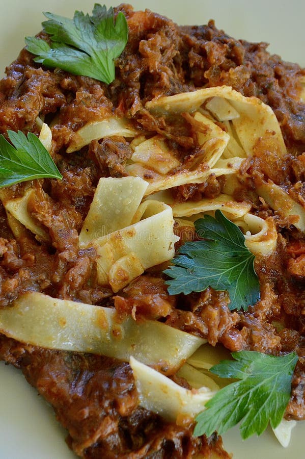 Beef Ragu Pappardelle on a Plate Stock Photo - Image of garnished ...