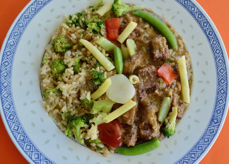 Beef Rendang with Vegetables and Rice Stock Image - Image of meat ...