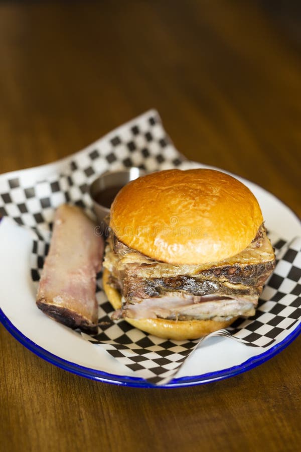 Beef rib burger on a table stock image. Image of smashed - 254920425