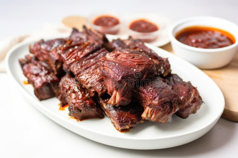 Beef Ribs Set on a White Platter, with Bbq Sauce in a Separate Bowl ...