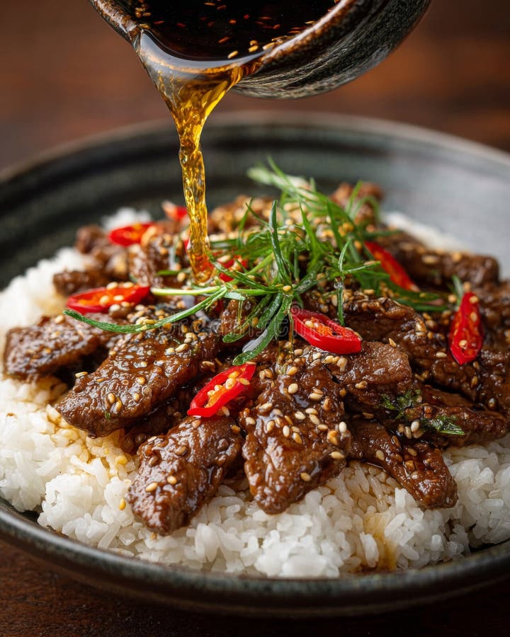 Beef and Rice Bowl with Chili and Sesame Sauce Stock Illustration ...