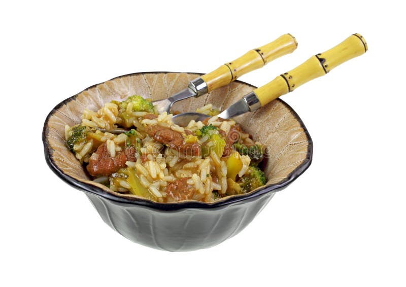 Beef Rice Broccoli Meal Dish Fork Spoon Stock Photo - Image of water ...