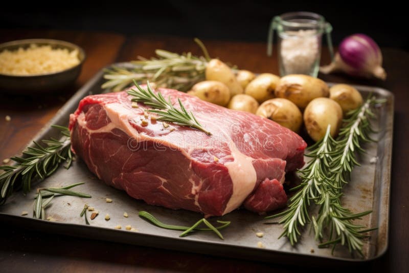 Beef Roast with Garlic Bulbs and Rosemary, Ready for Slow-cooking Stock ...