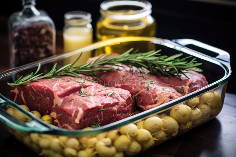 Beef Roast with Garlic Bulbs and Rosemary, Ready for Slow-cooking Stock ...