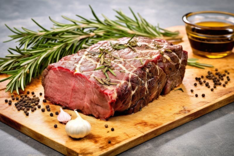 Beef Roast on a Marble Slab with Garlic and Rosemary Stock Illustration ...