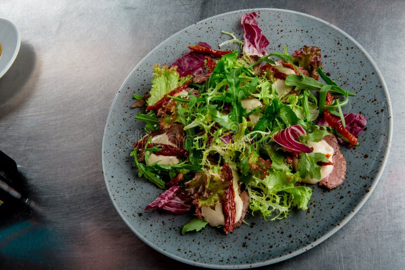 Salad with Cold Beef in Grey Plate Stock Image - Image of beef, cold ...