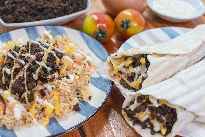 Beef Shawarma Served with Rice or Wrapped in Pita Bread Stock Image ...