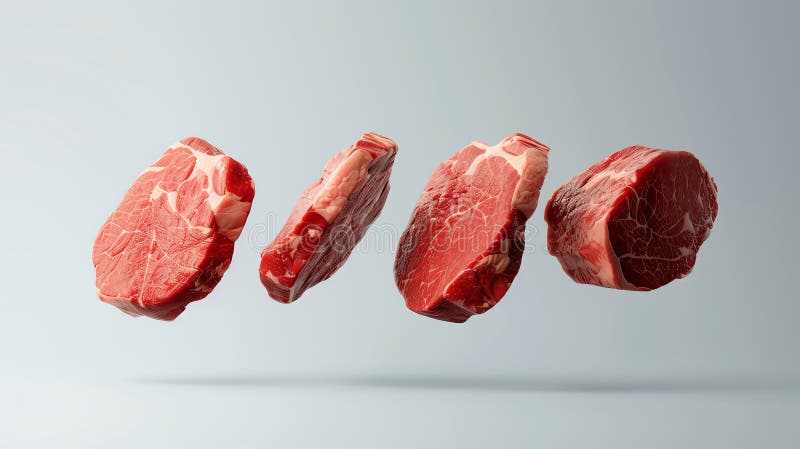 A5 Beef Slices Floating Against a Gray Background, Fresh Meat Concept ...