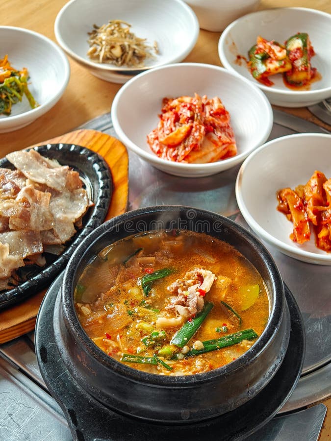 Beef Soy Bean Paste Soup, Grilled Sliced Beef and Side Dishes. Typical ...