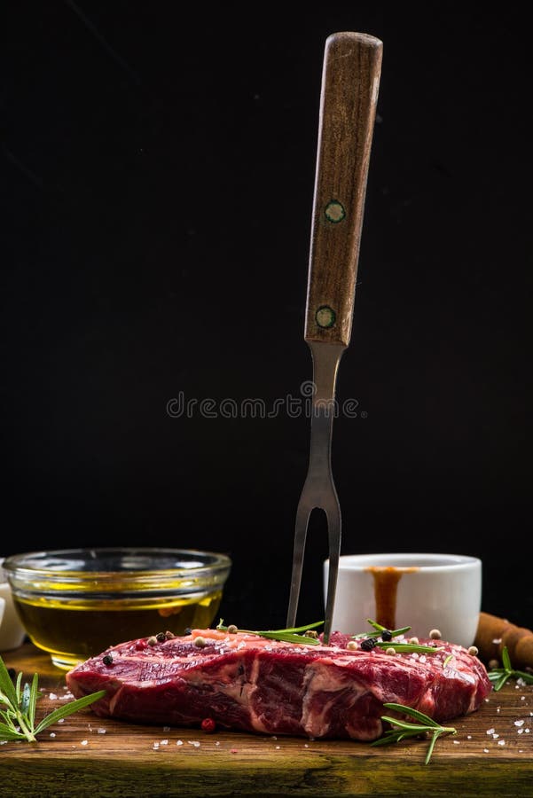 Beef Steak with BBQ Fork, Copy Space Stock Photo - Image of food, salt ...
