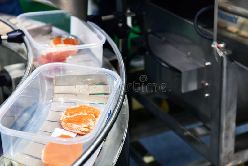 Beef Steak in Boxes Transfer on Automated Systems Stock Photo - Image ...